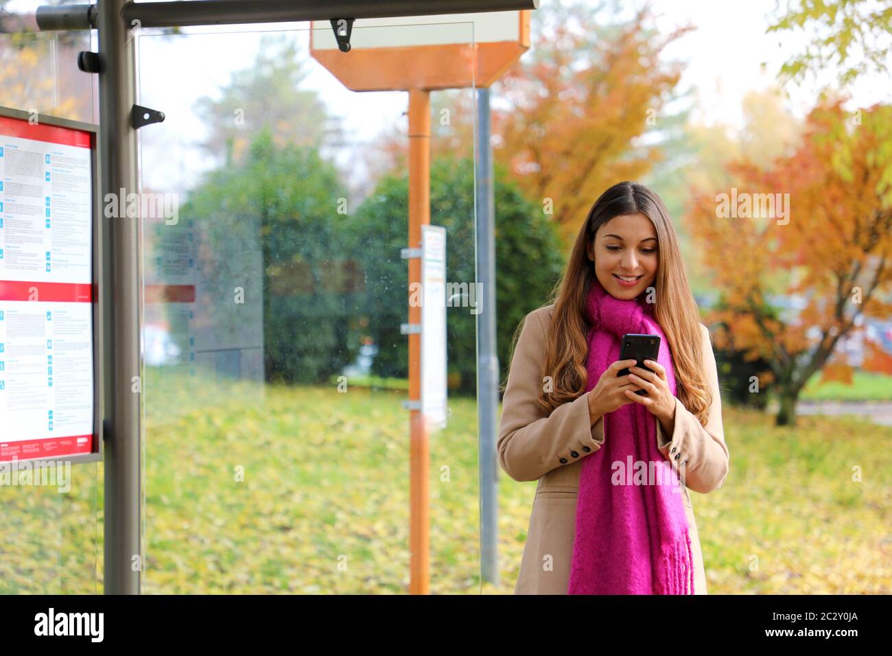 People and public transport. Young woman messaging with mobile phone ...