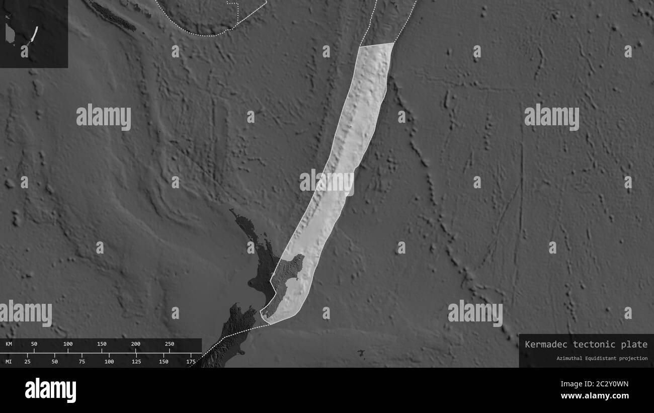 Kermadec plate shape outlined on a darkened and desaturated background ...