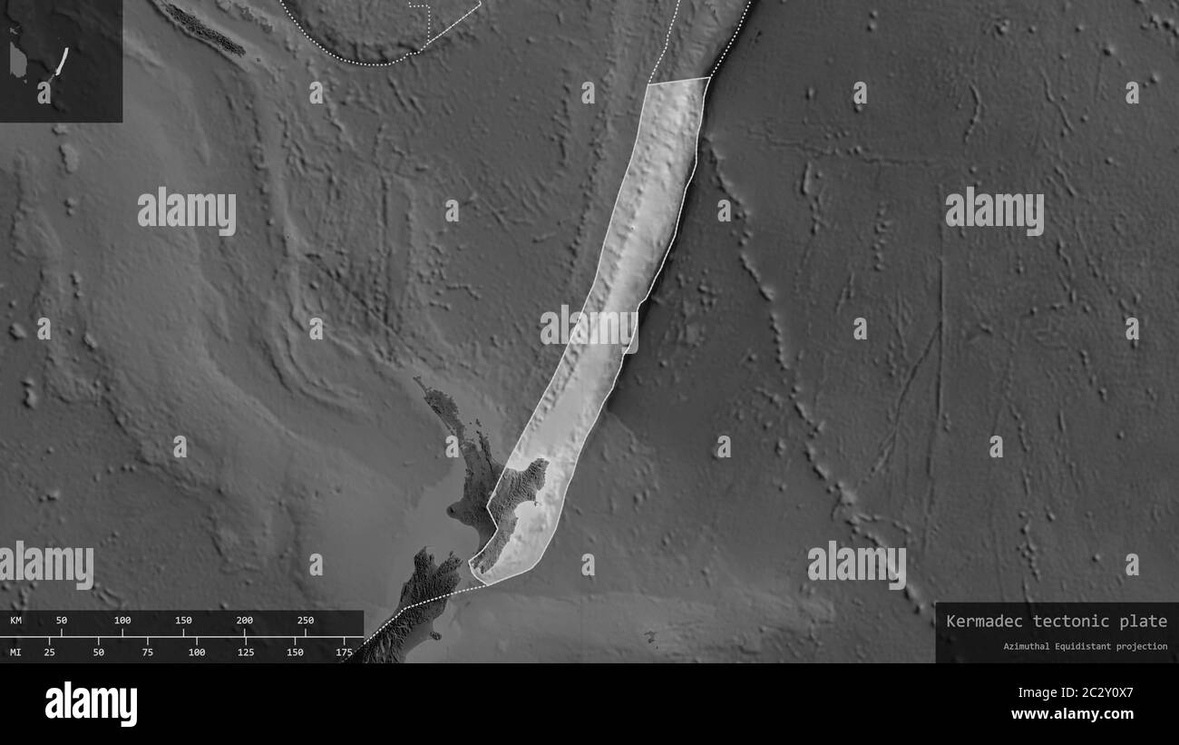 Kermadec plate shape outlined on a darkened and desaturated background ...
