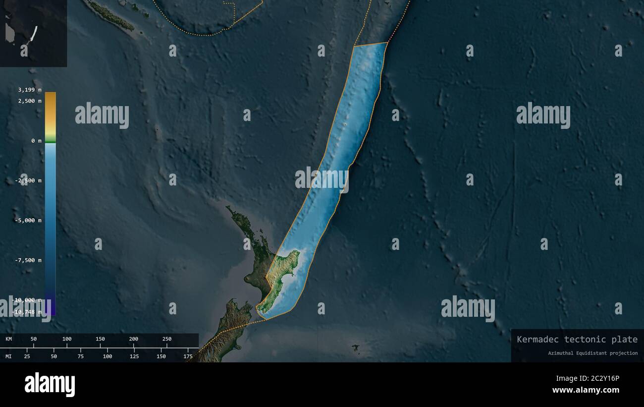Kermadec plate shape outlined on a darkened and desaturated background ...