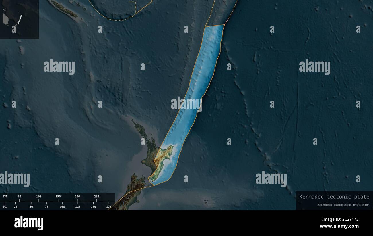 Kermadec plate shape outlined on a darkened and desaturated background ...