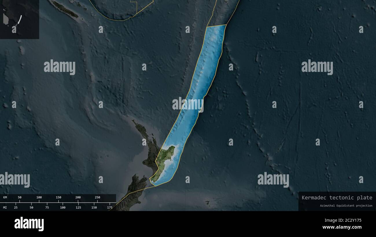 Kermadec plate shape outlined on a darkened and desaturated background ...