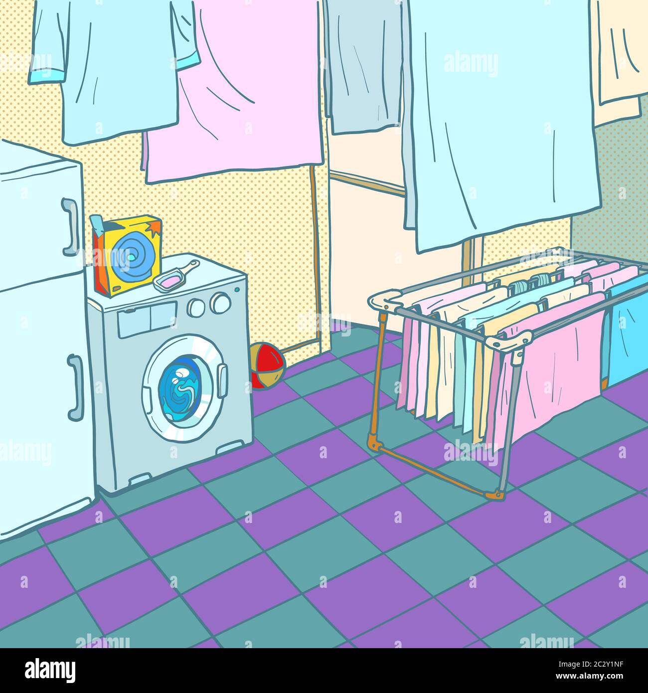 Home washing and drying. Washing machine. Comic cartoon pop art retro ...
