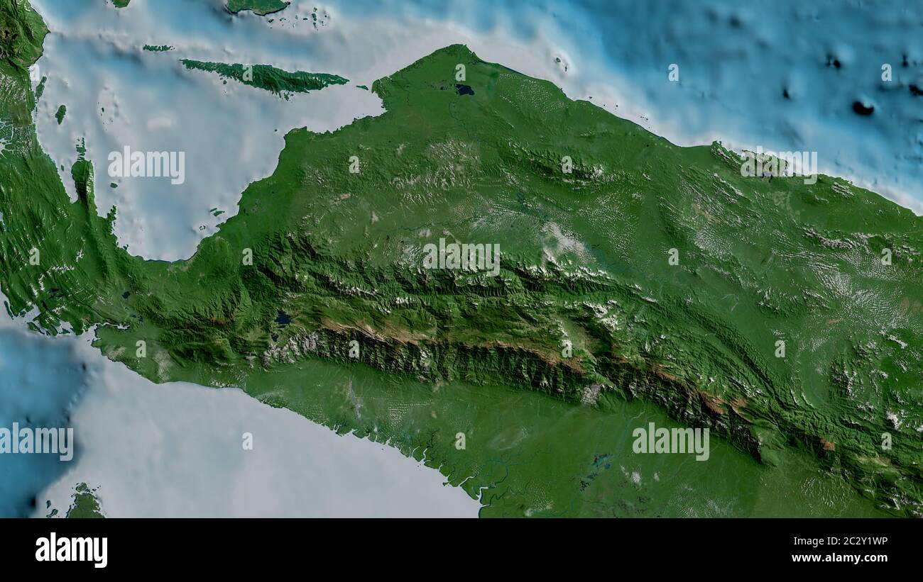Satellite map of the area around the Maoke tectonic plate. 3D rendering ...