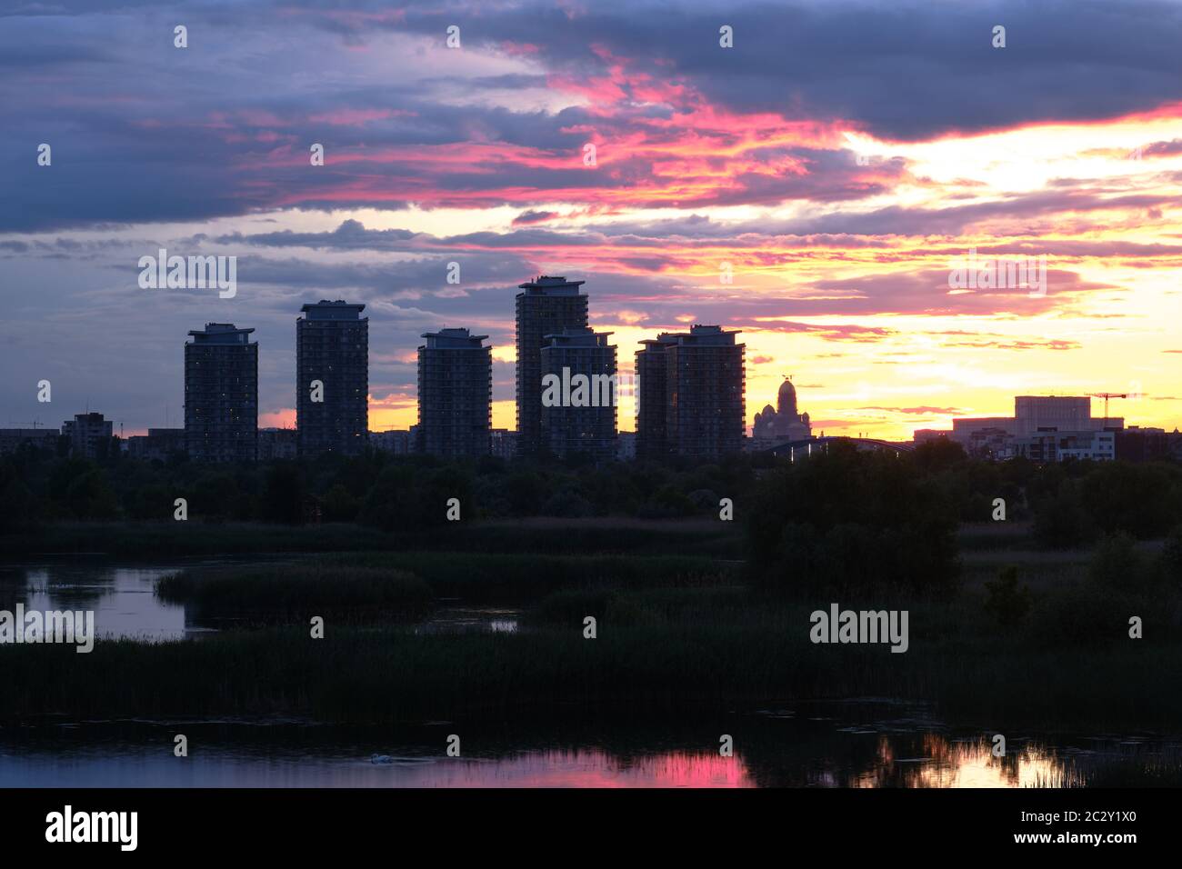 Bucharest city skyline seen from Vacaresti Park Nature Reserve at ...