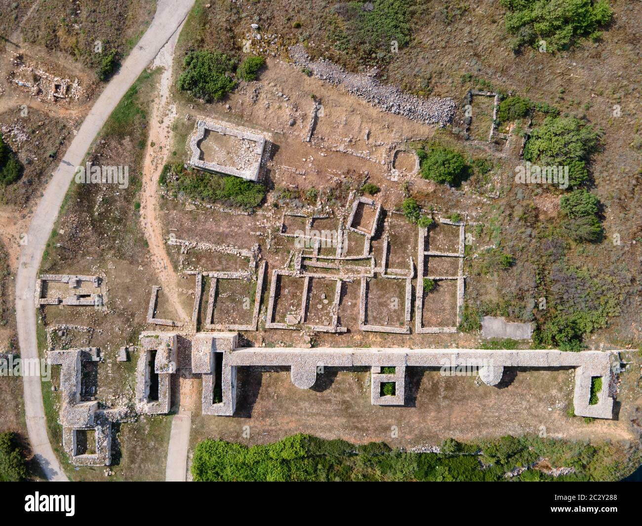 Wide Angle Top Aerial view of old buildings of archeological ...