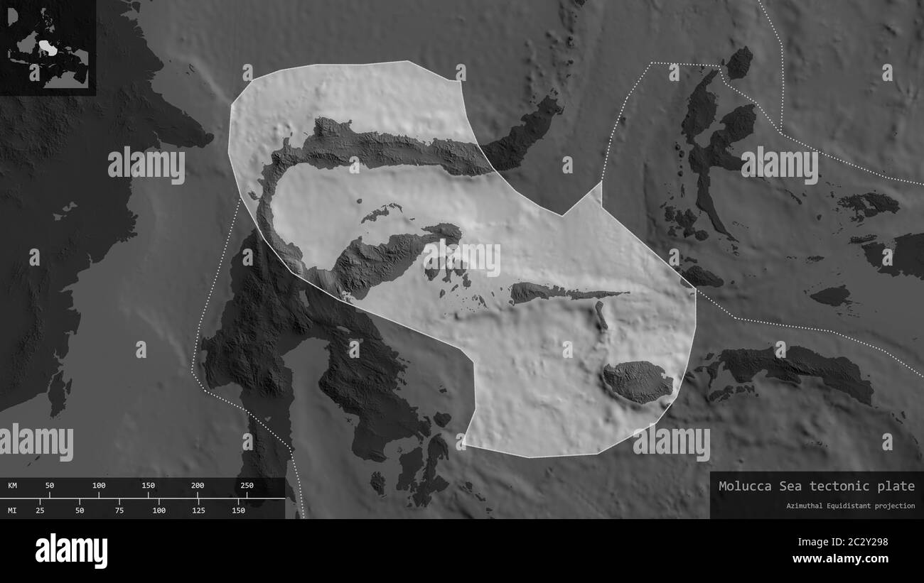 Molucca Sea plate shape outlined on a darkened and desaturated ...
