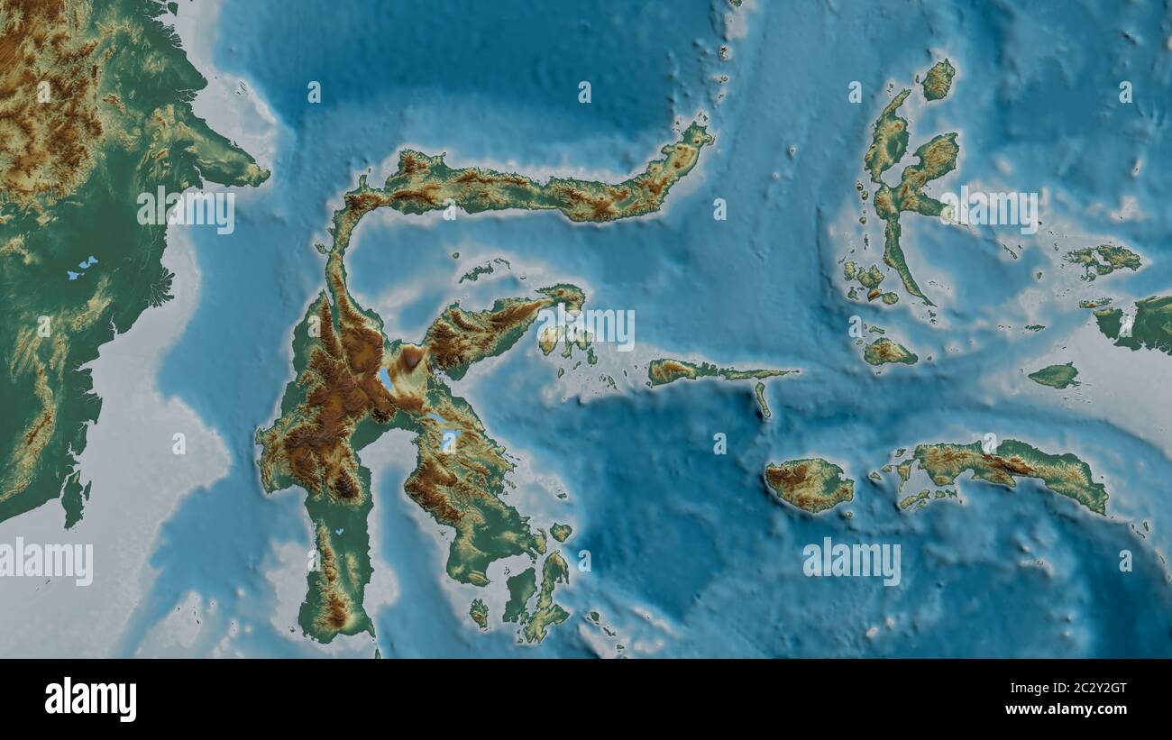 Relief map of the area around the Molucca Sea tectonic plate. 3D ...
