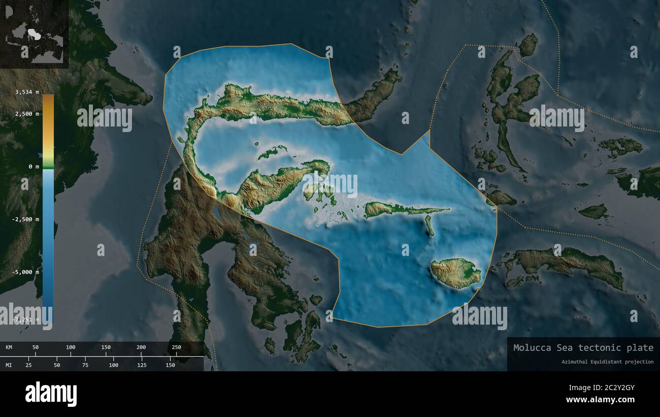Molucca Sea plate shape outlined on a darkened and desaturated ...