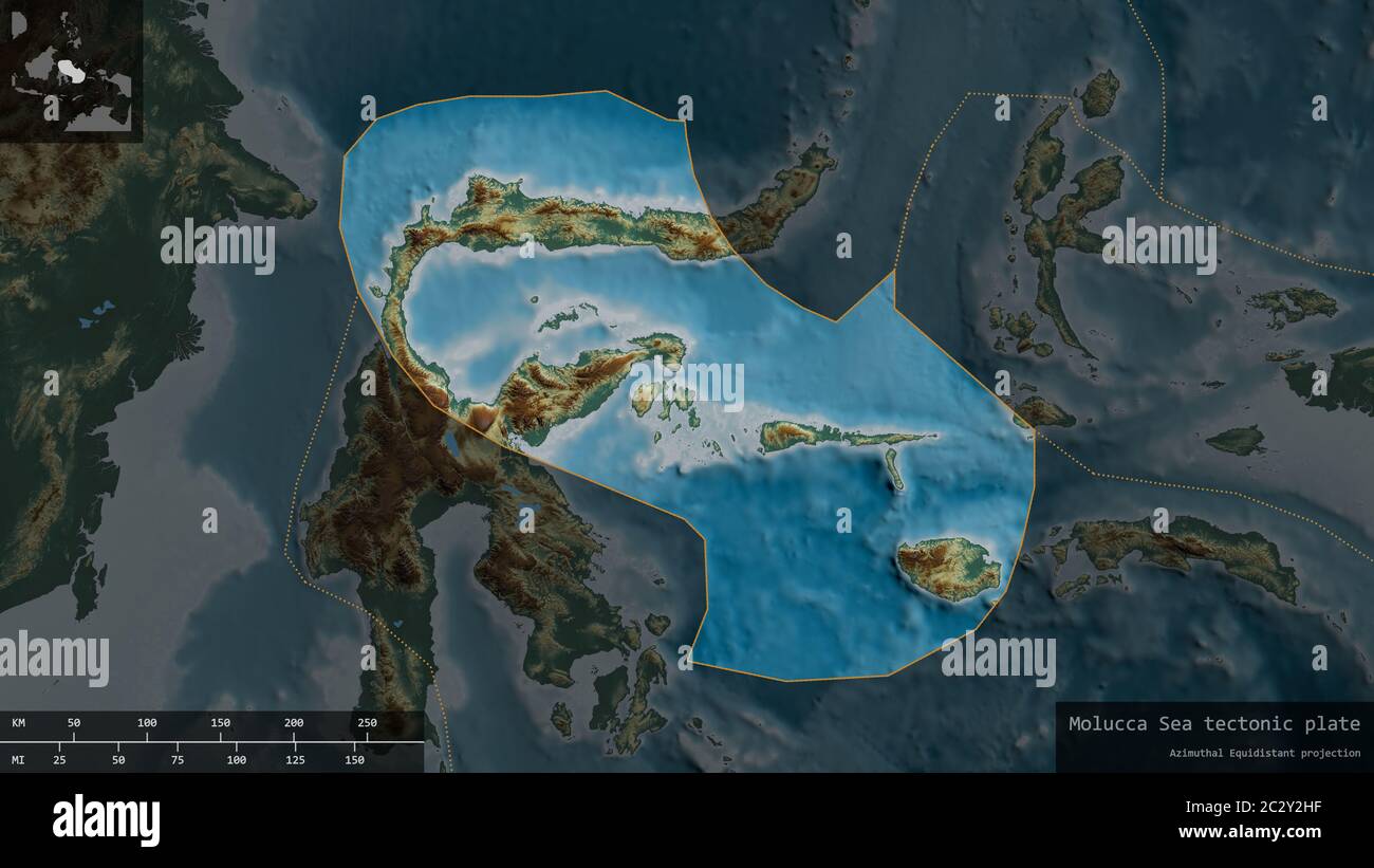 Molucca Sea plate shape outlined on a darkened and desaturated ...