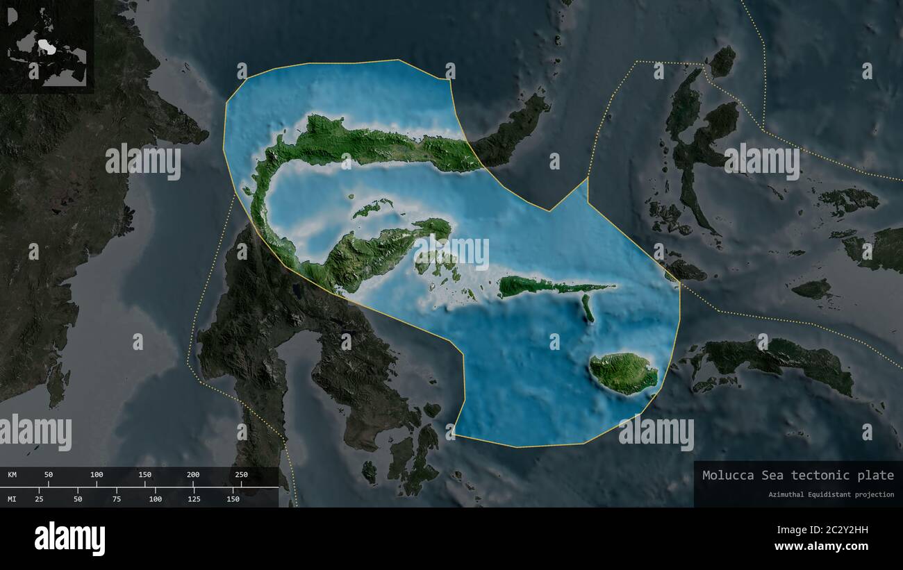 Molucca Sea plate shape outlined on a darkened and desaturated ...