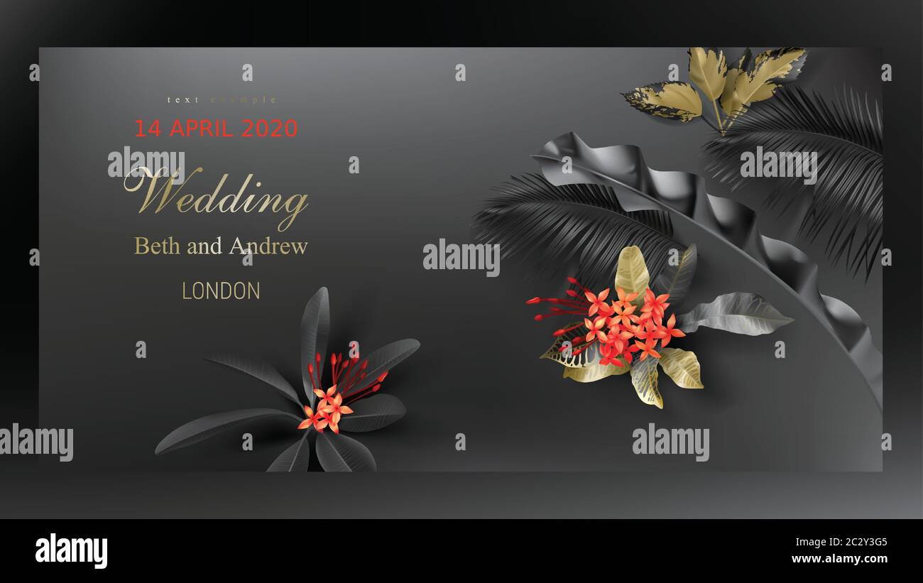 Tropical black and gold leaves on dark background vector poster ...