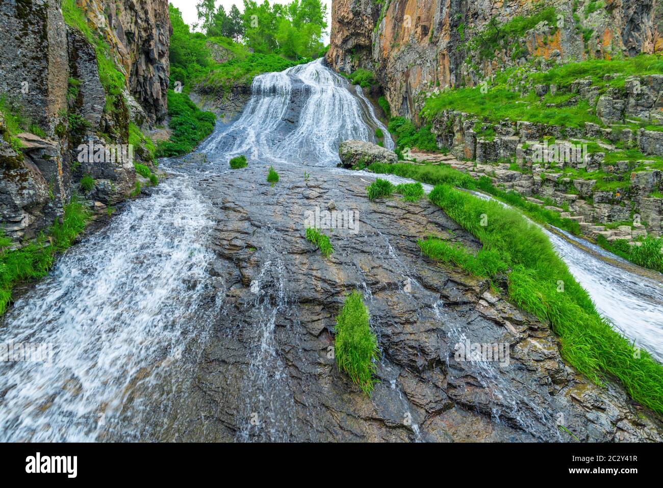 Jermuk waterfall in Armenia, bottom view, beautiful flowing stream of ...