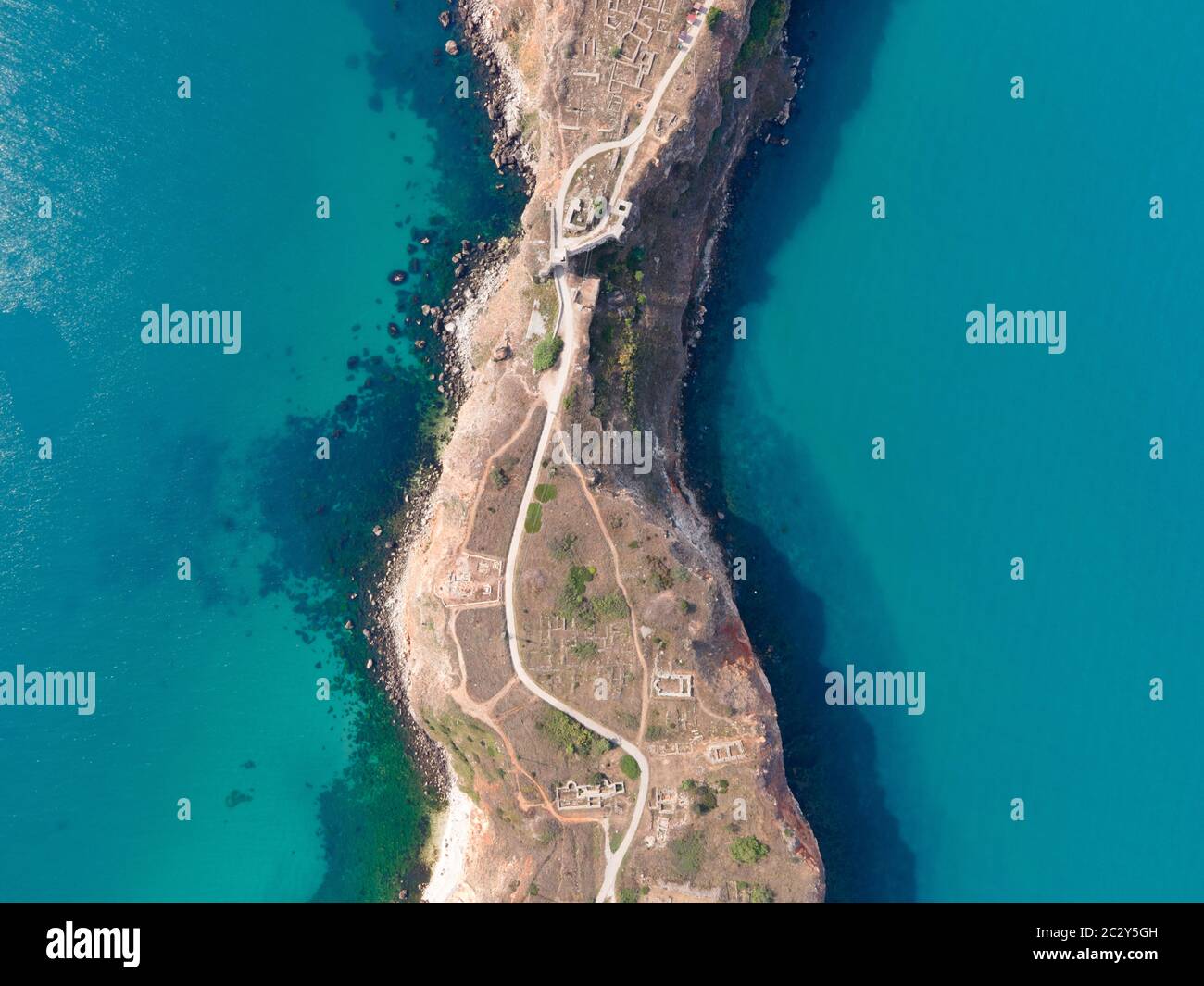 Simetric Aerial view of Cape Kaliakra with turquoise sea water on both ...