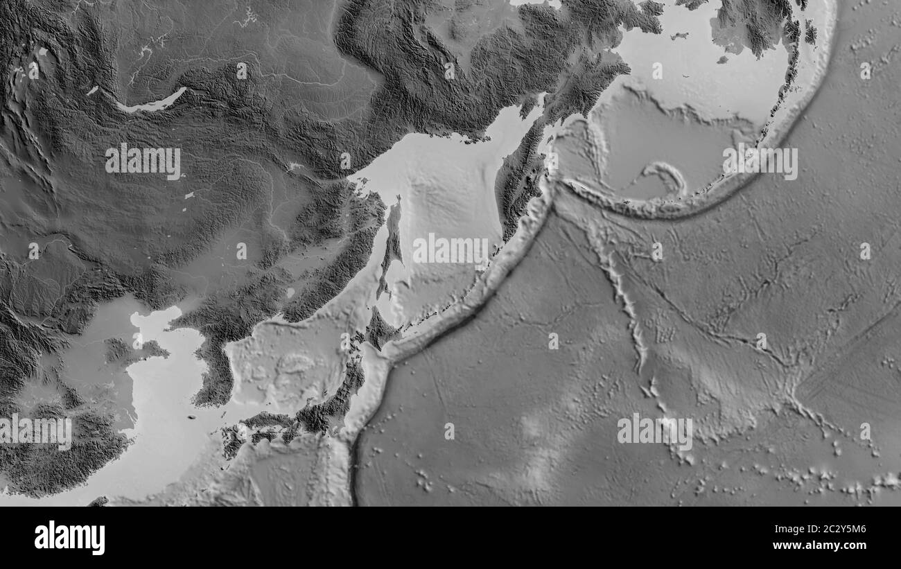 Grayscale map of the area around the Okhotsk tectonic plate. 3D ...