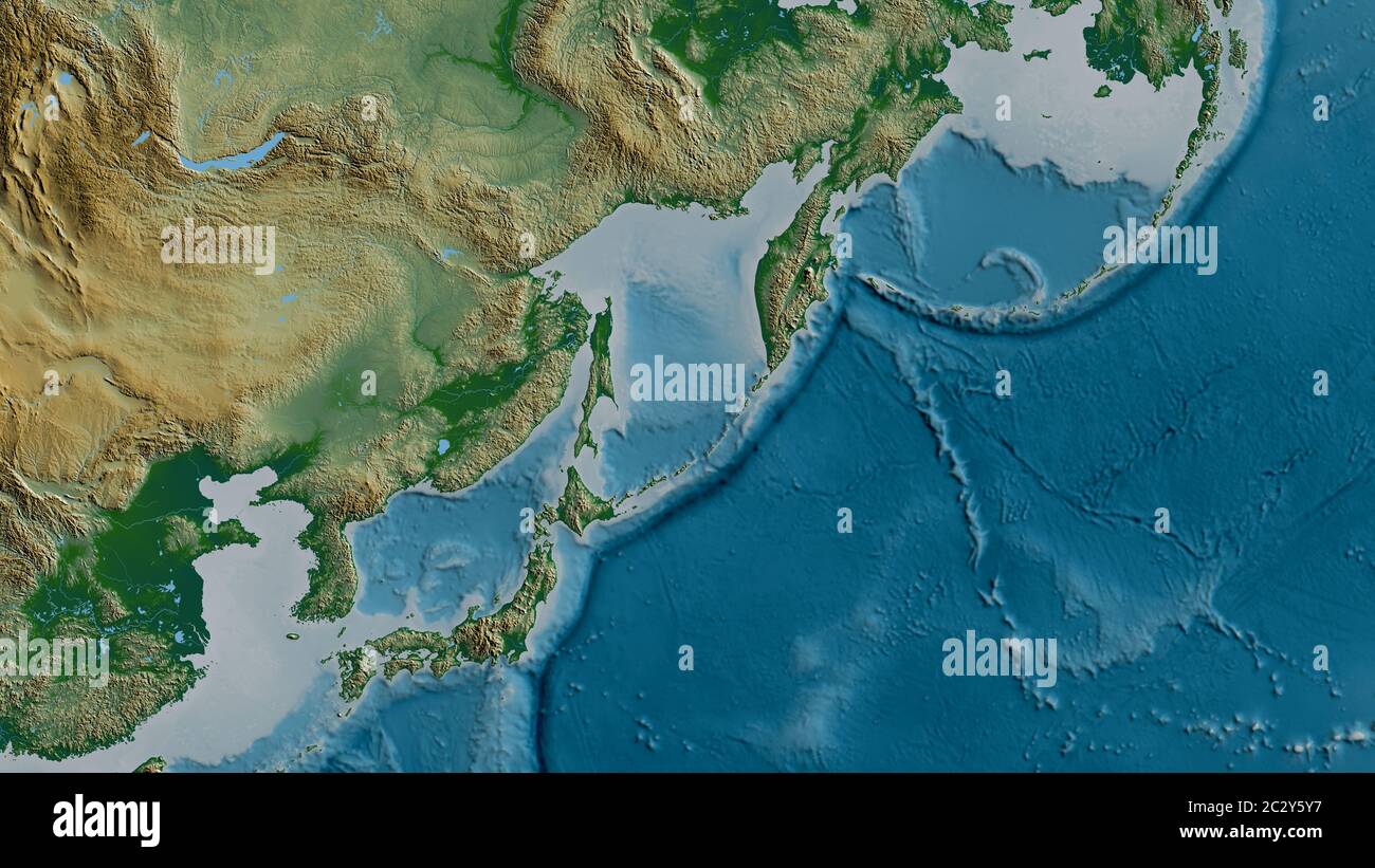 Physical map of the area around the Okhotsk tectonic plate. 3D ...