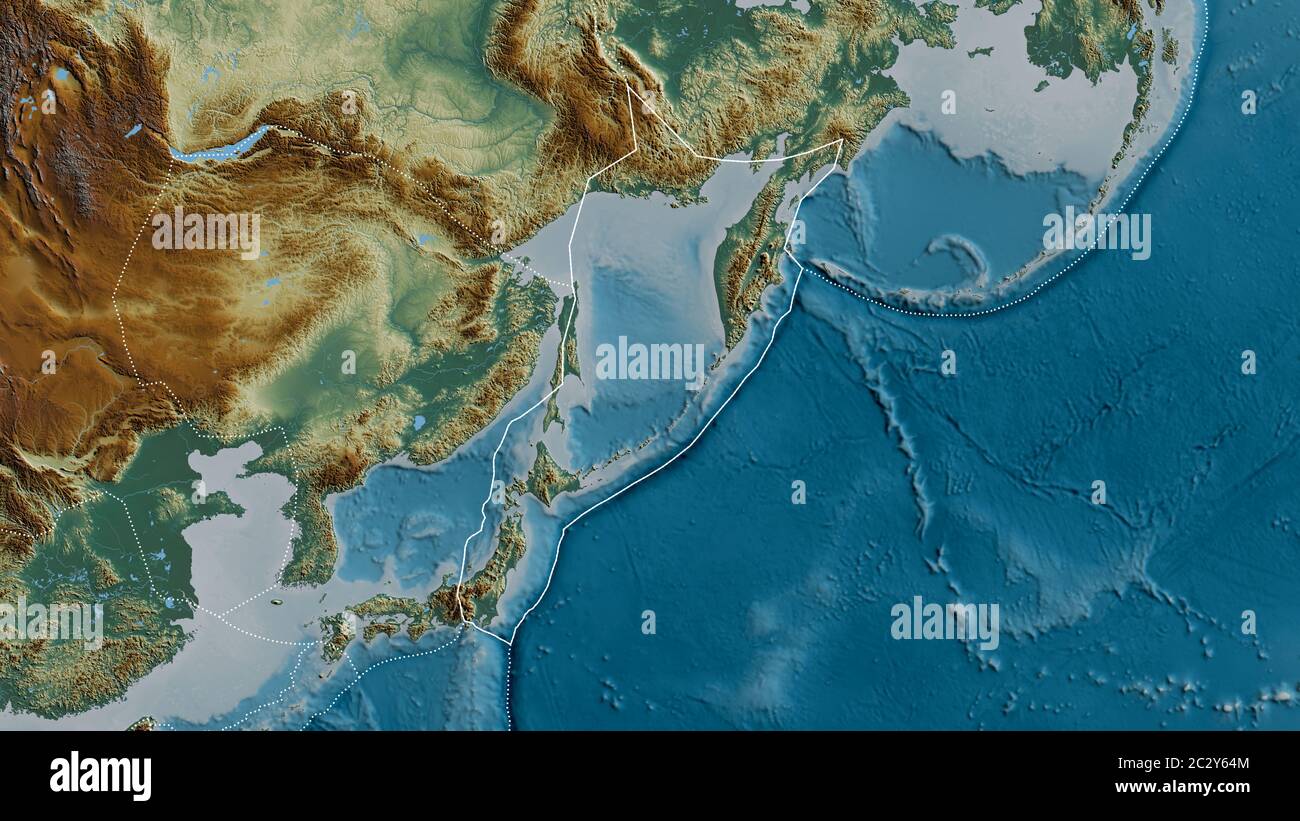 Outline of the Okhotsk tectonic plate with the borders of surrounding ...