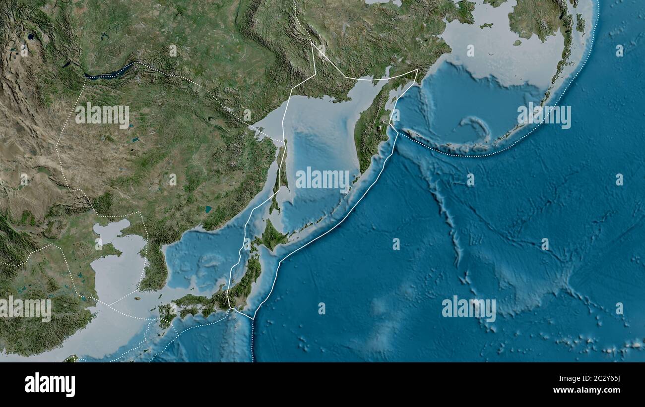 Outline of the Okhotsk tectonic plate with the borders of surrounding ...