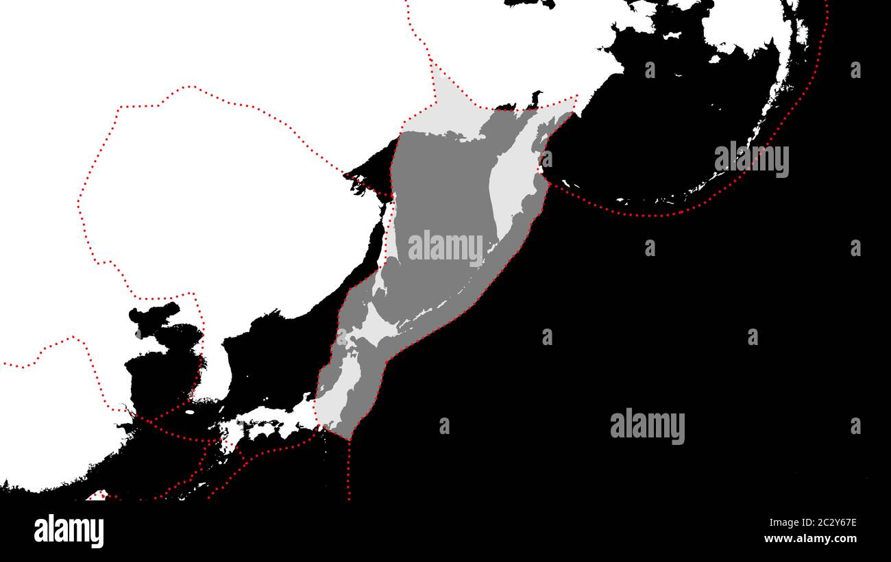 Shape of the Okhotsk tectonic plate with borders of surrounding plates ...