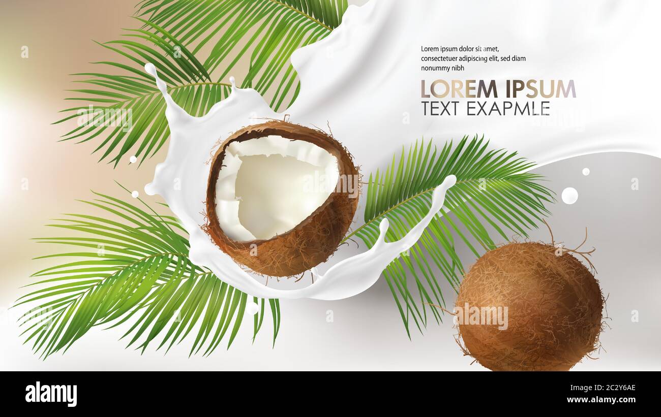 Coconut milk splash swirl realistic vector background. White liquid ...