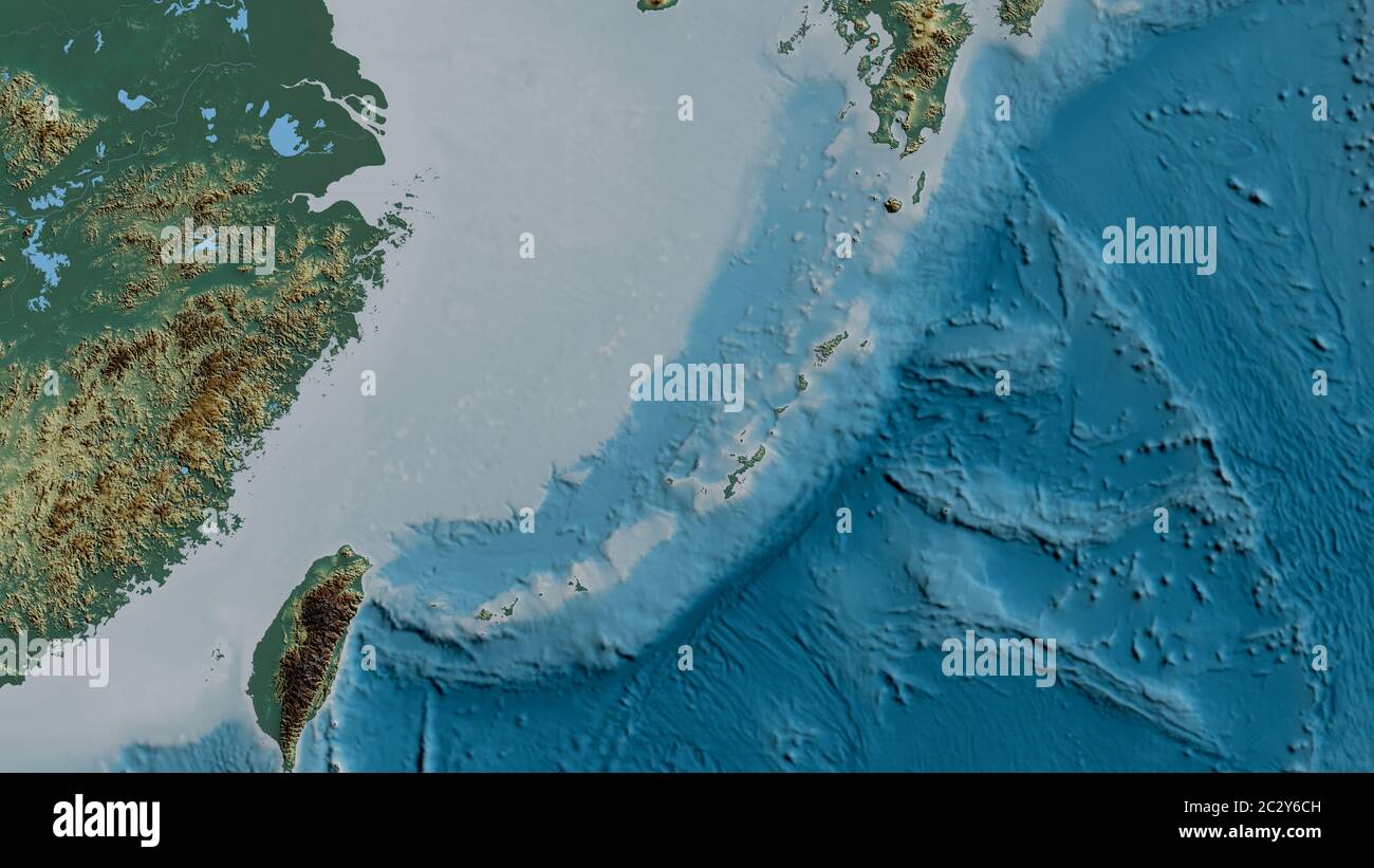 Relief map of the area around the Okinawa tectonic plate. 3D rendering ...
