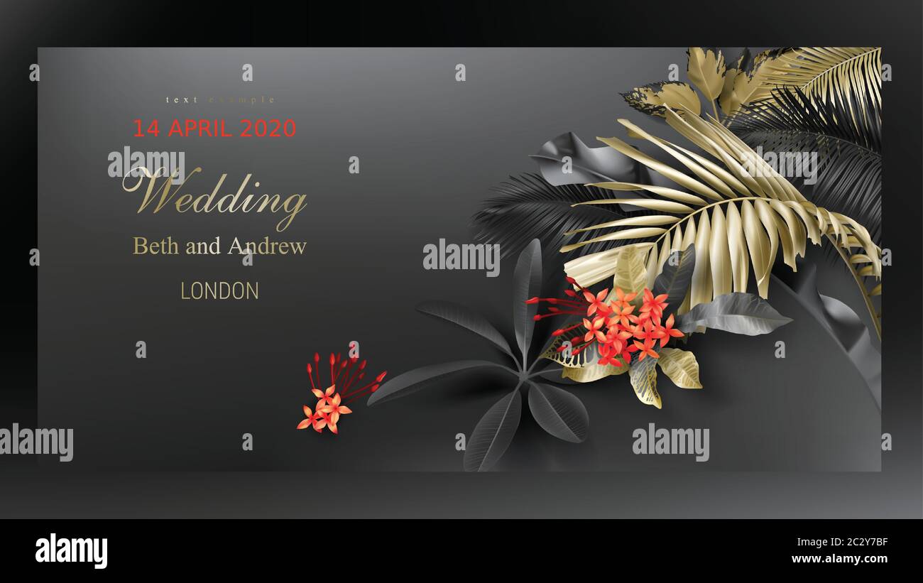 Tropical black and gold leaves on dark background vector poster ...