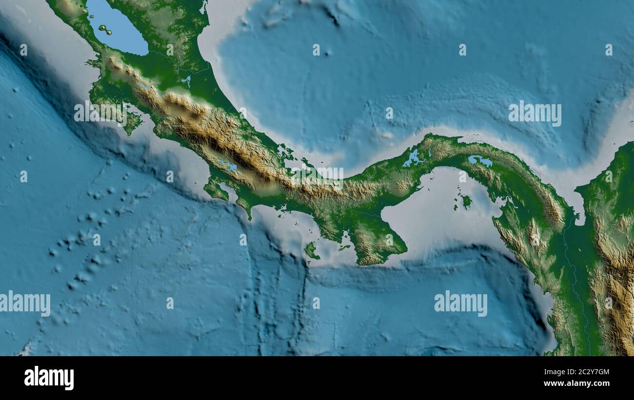 Physical map of the area around the Panama tectonic plate. 3D rendering ...