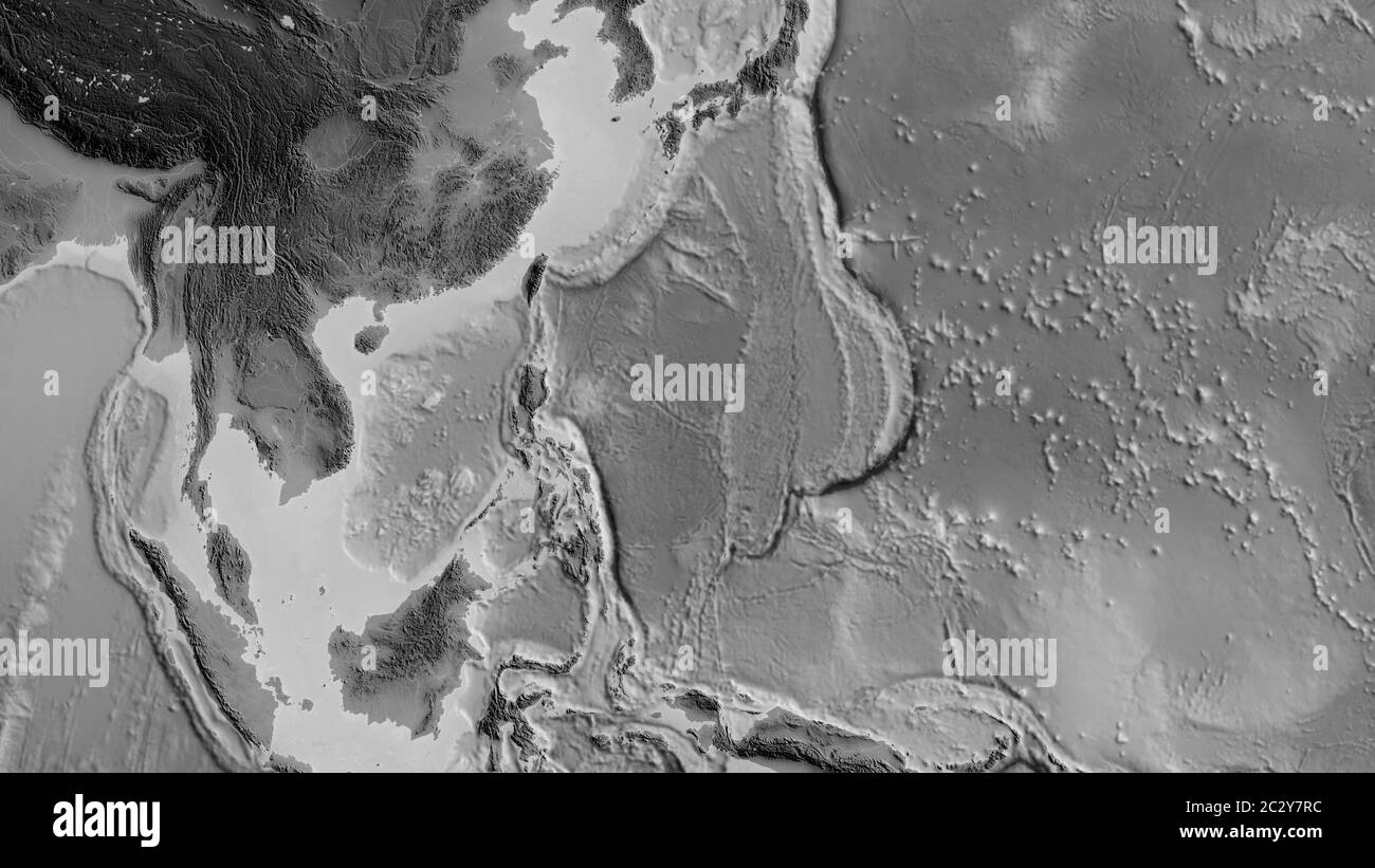 Grayscale map of the area around the Philippine Sea tectonic plate. 3D ...