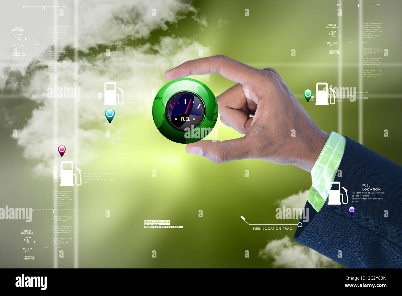 Man showing fuel meter in color background Stock Photo - Alamy