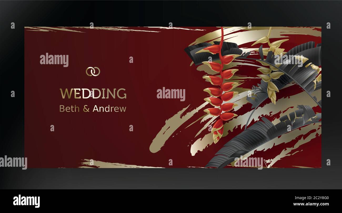 Tropical black gold leaves on dark maroon background vector poster ...