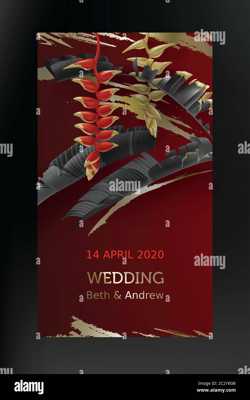 Tropical black gold leaves on dark maroon background vector poster ...