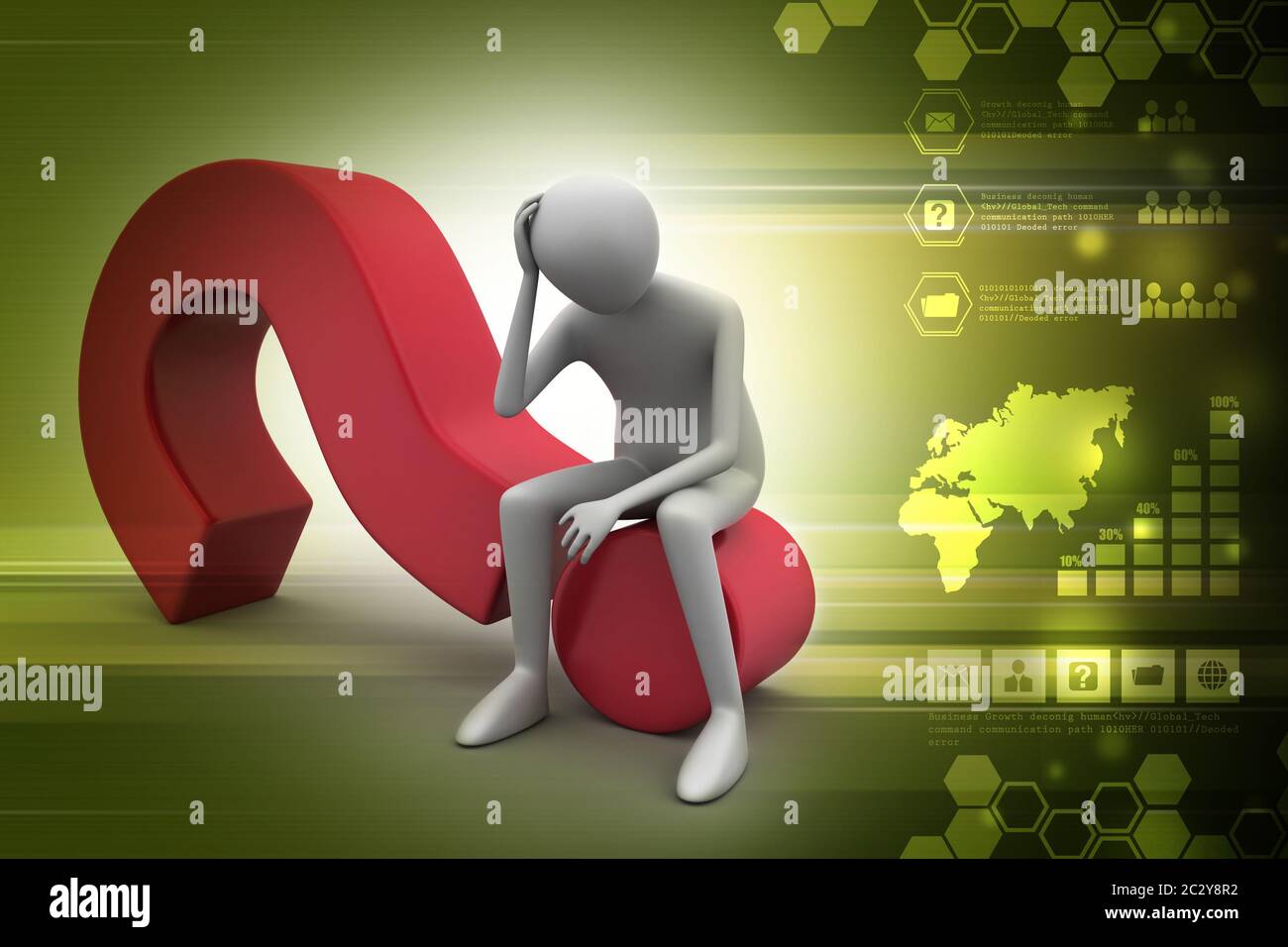 Business man sitting on a question mark in color background Stock Photo ...