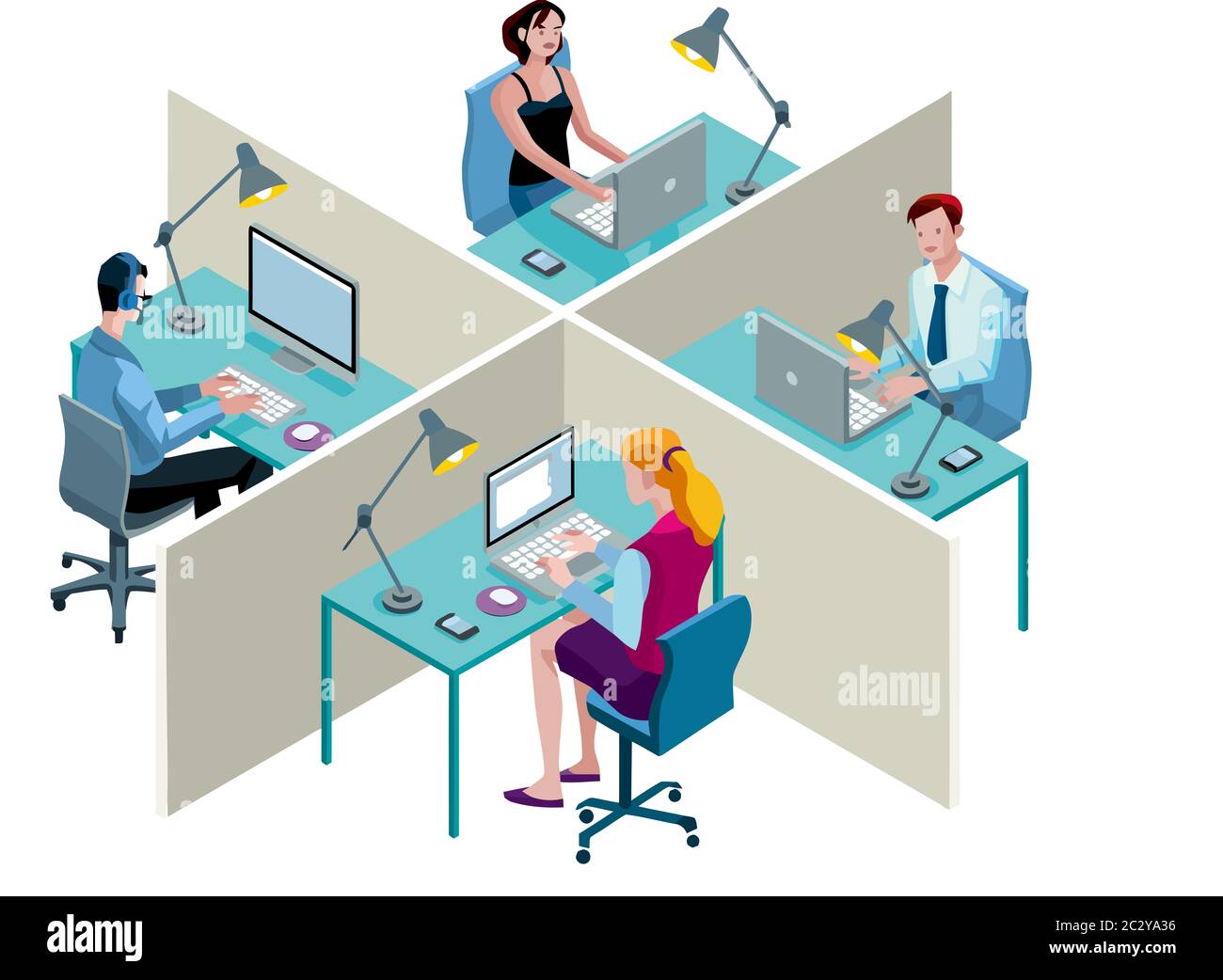 office workers division interior environment table illustration Stock ...