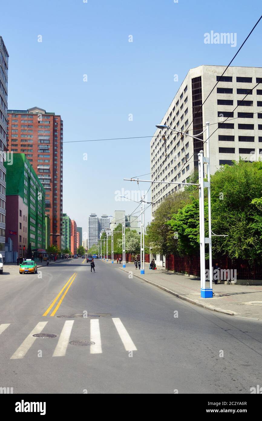 Pyongyang, North Korea - April 30, 2019: One of the typical street of ...