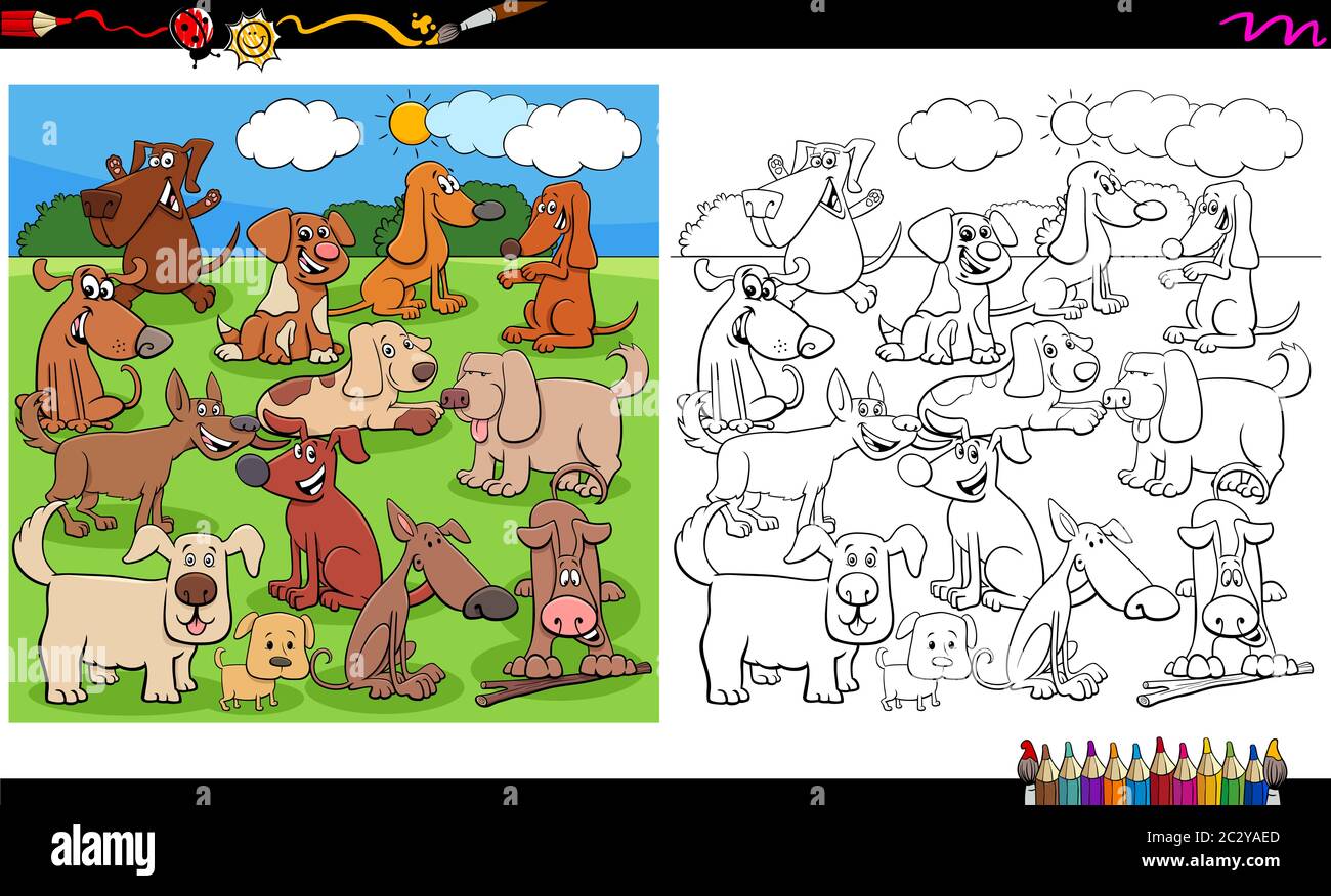 puppies and dogs characters group coloring book page Stock Photo - Alamy