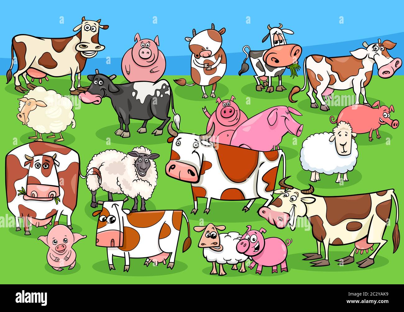 farm animals cartoon characters group on meadow Stock Photo - Alamy