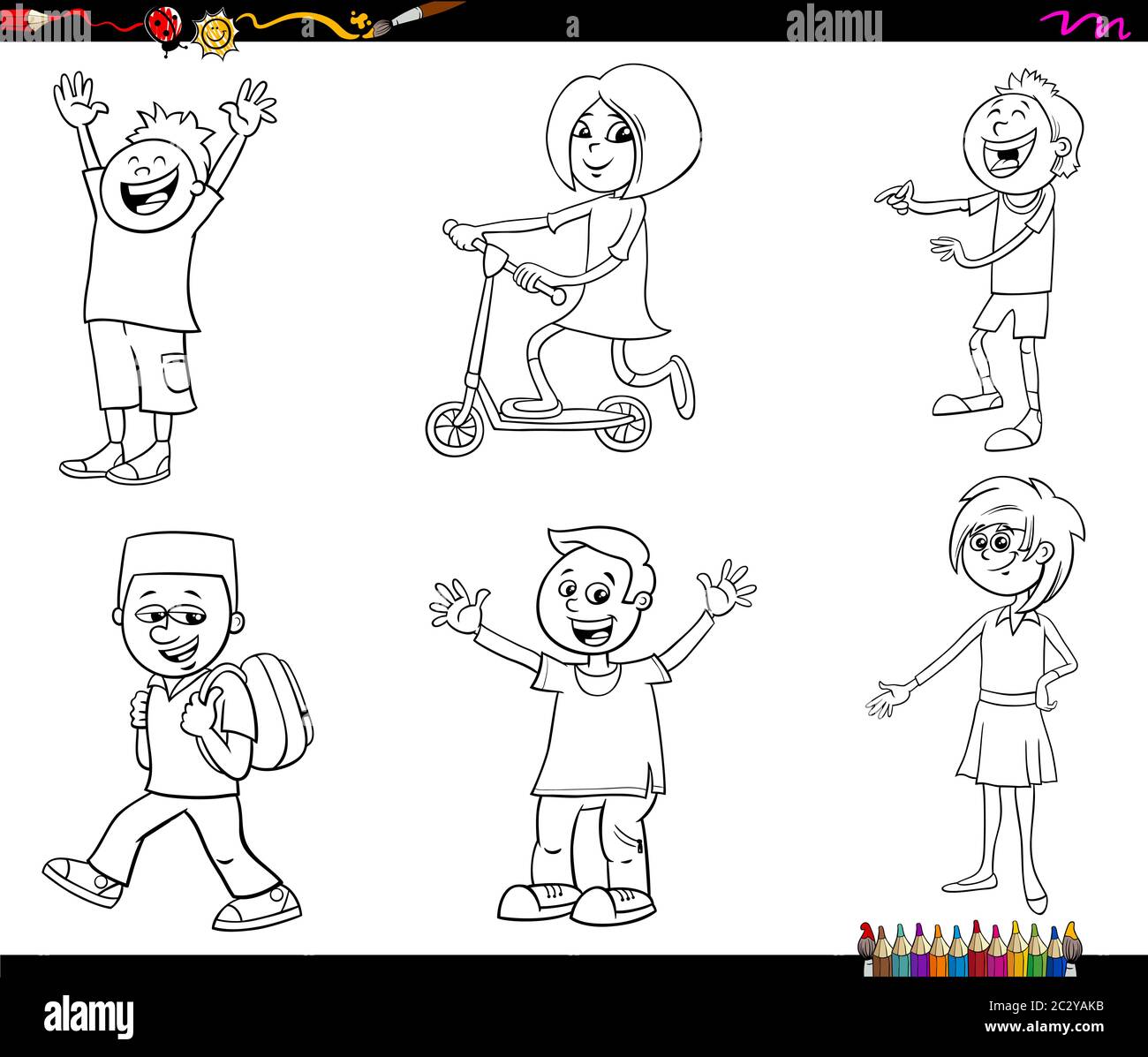 cartoon children characters coloring book page Stock Photo - Alamy