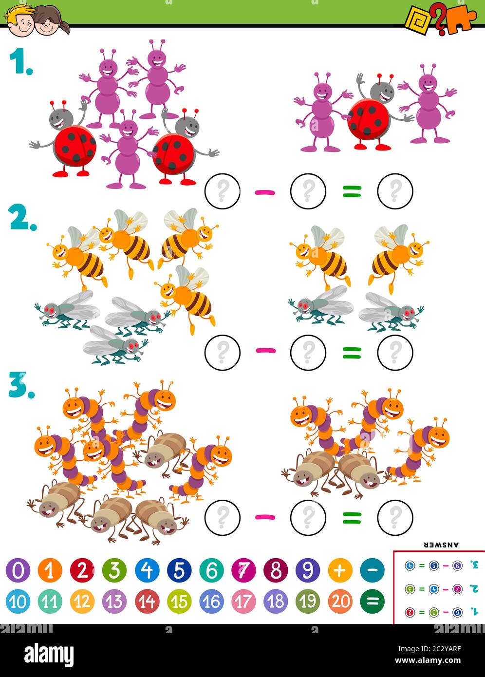 subtraction educational task for children with insects Stock Photo - Alamy