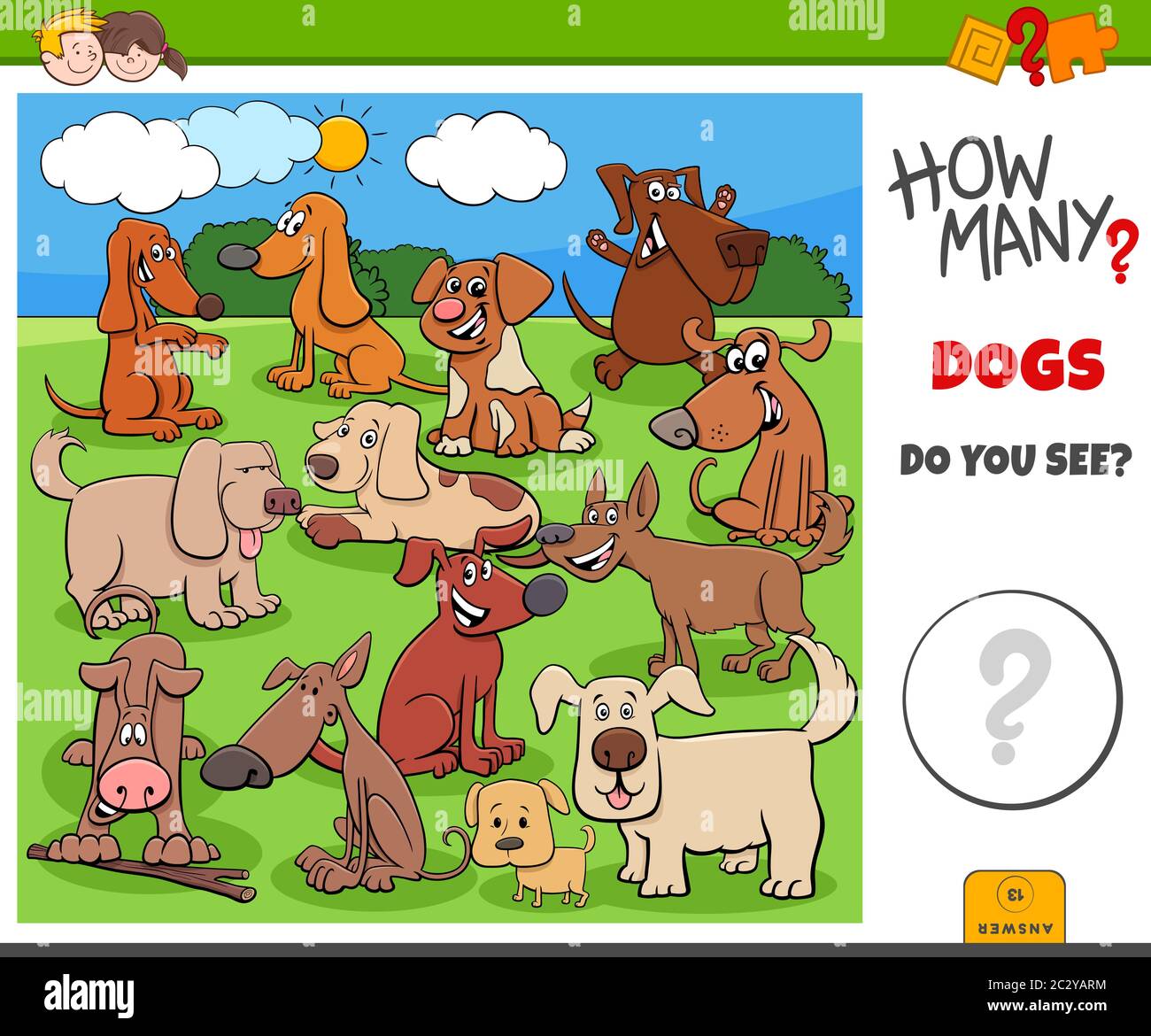 how many dogs and puppies educational task for kids Stock Photo - Alamy