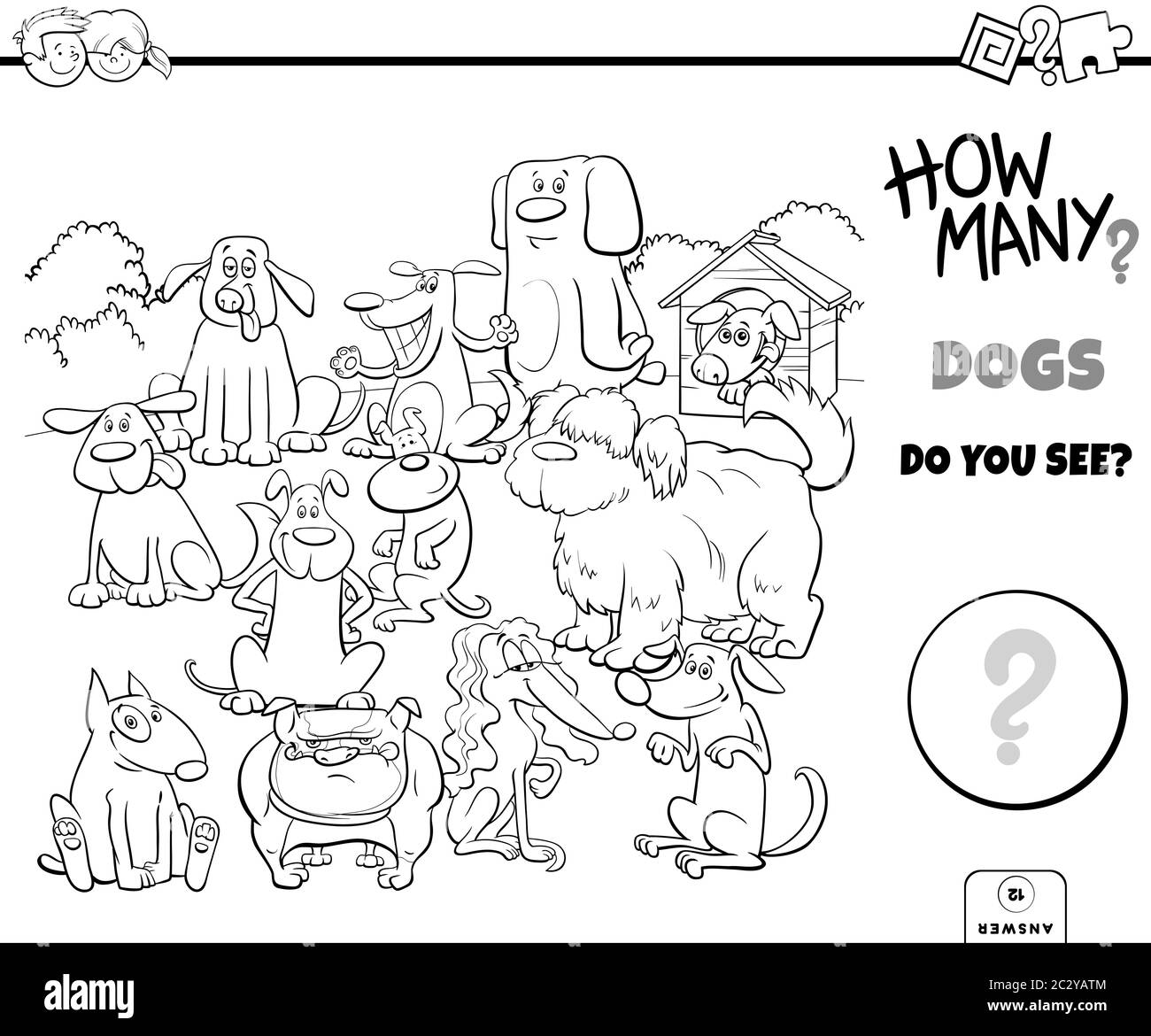 counting dogs educational task color book page Stock Photo - Alamy