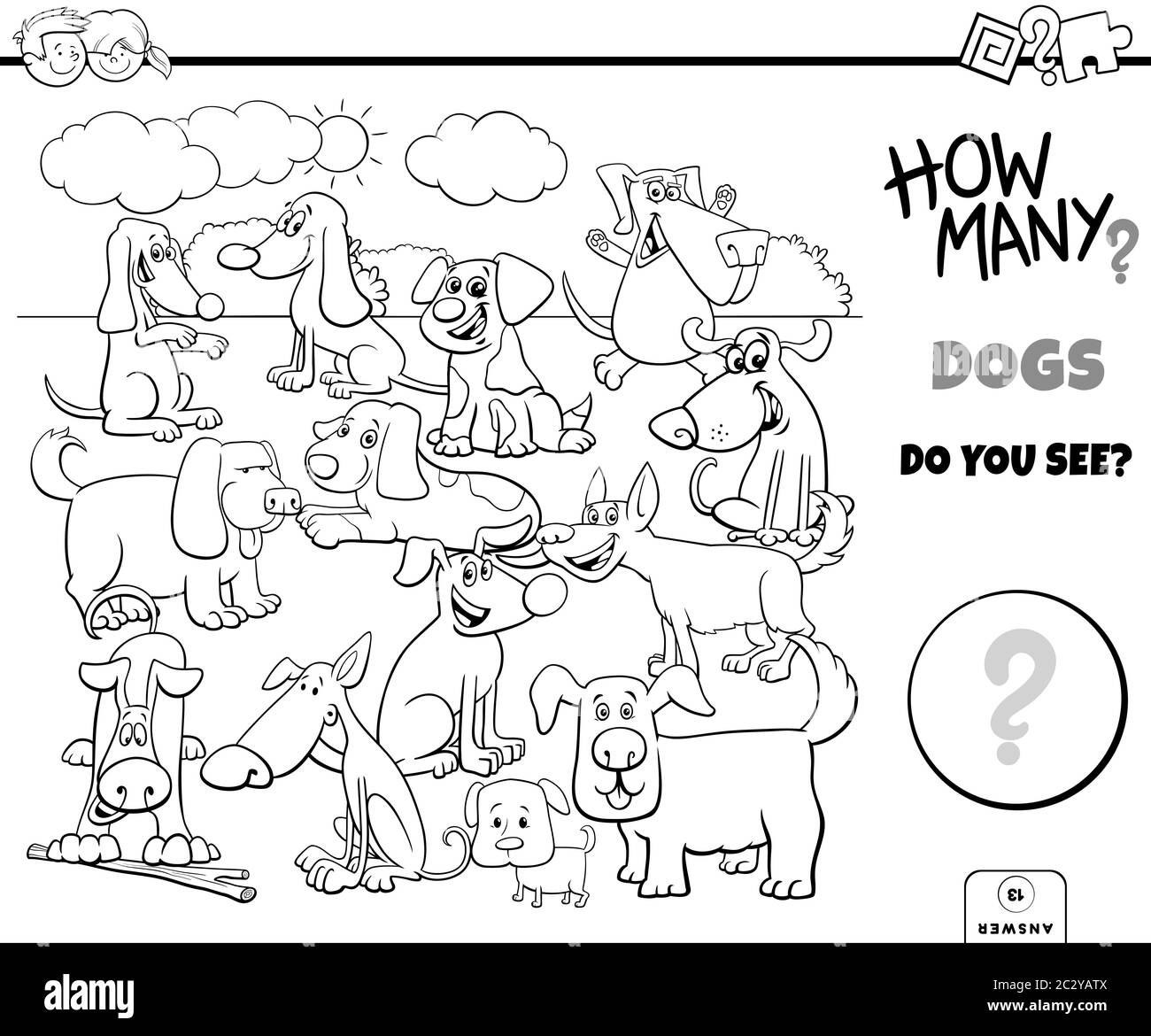 counting dogs and puppies educational task color book Stock Photo - Alamy