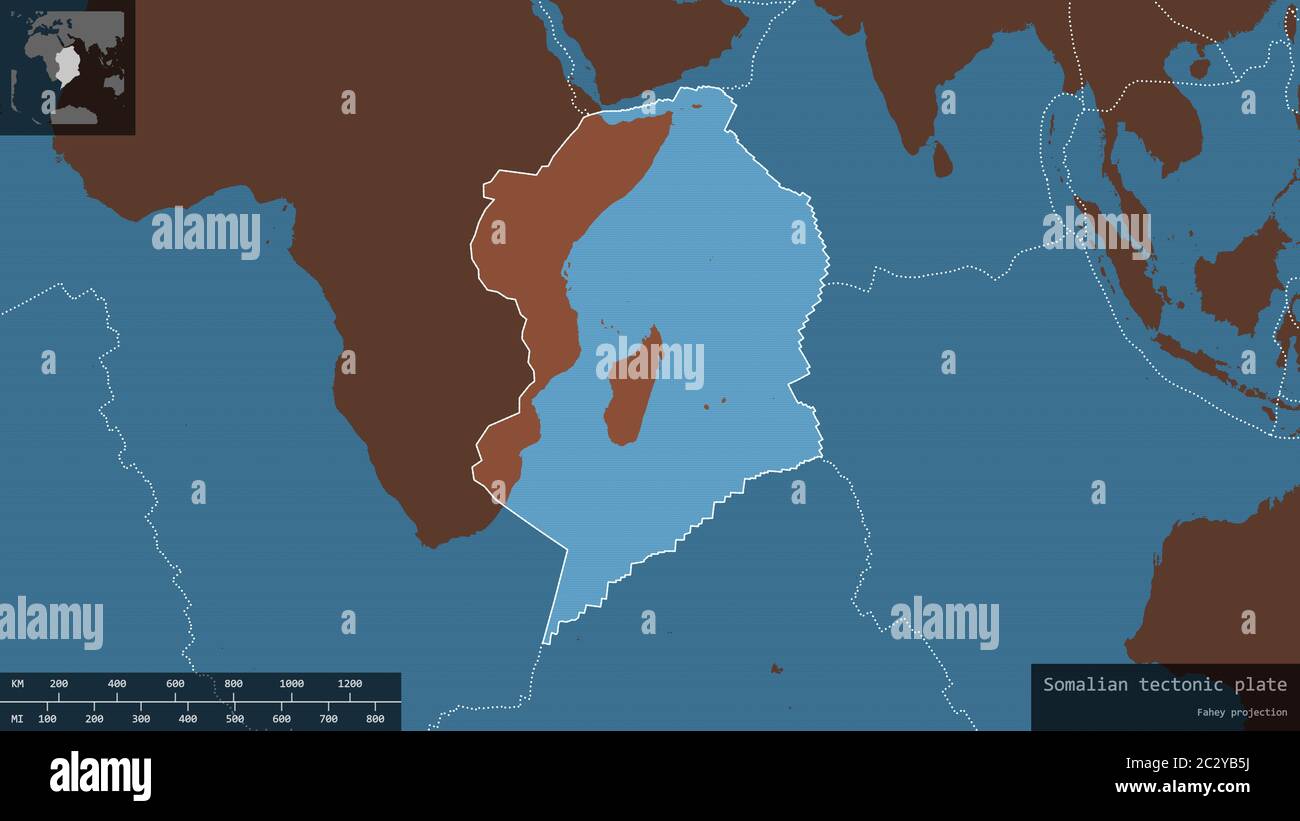 Somalian plate shape outlined on a darkened and desaturated background ...