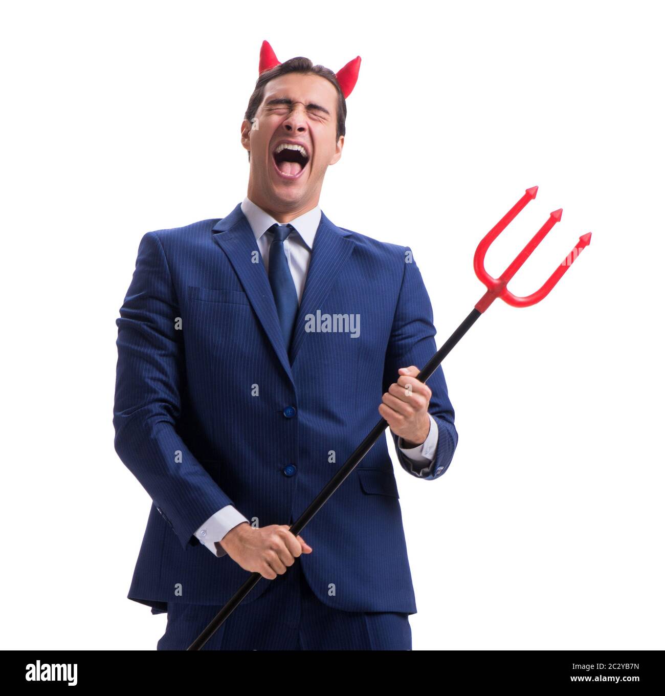 Evil devil businessman with pitchfork isolated on white backgrou Stock ...
