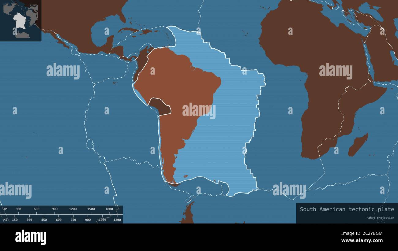 South American plate shape outlined on a darkened and desaturated ...