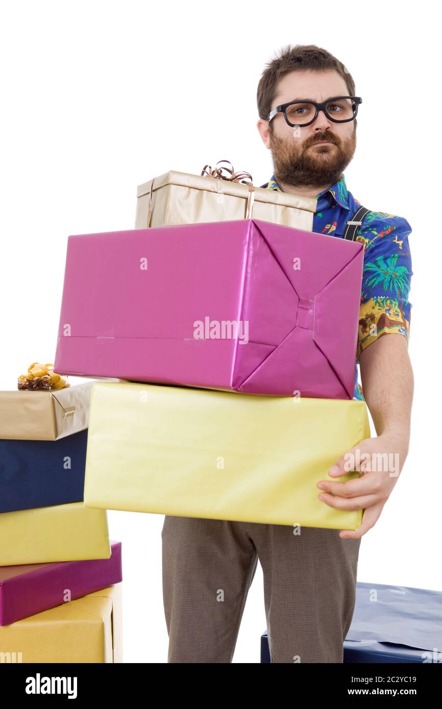 happy silly salesman with some boxes, isolated on white Stock Photo - Alamy