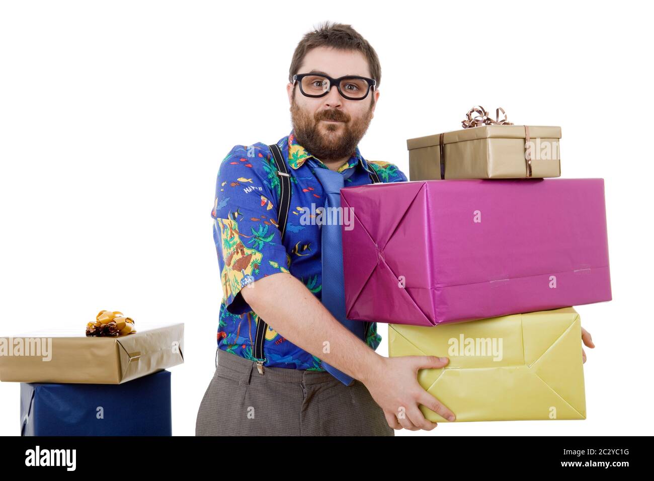 happy silly salesman with some boxes, isolated on white Stock Photo - Alamy