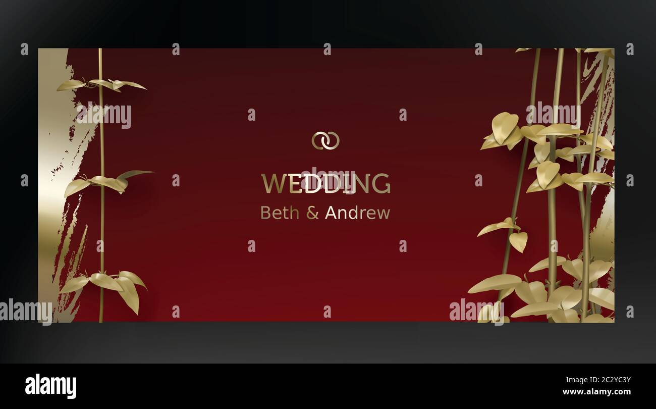 Tropical gold leaves on maroon background vector. Botanical exotic ...