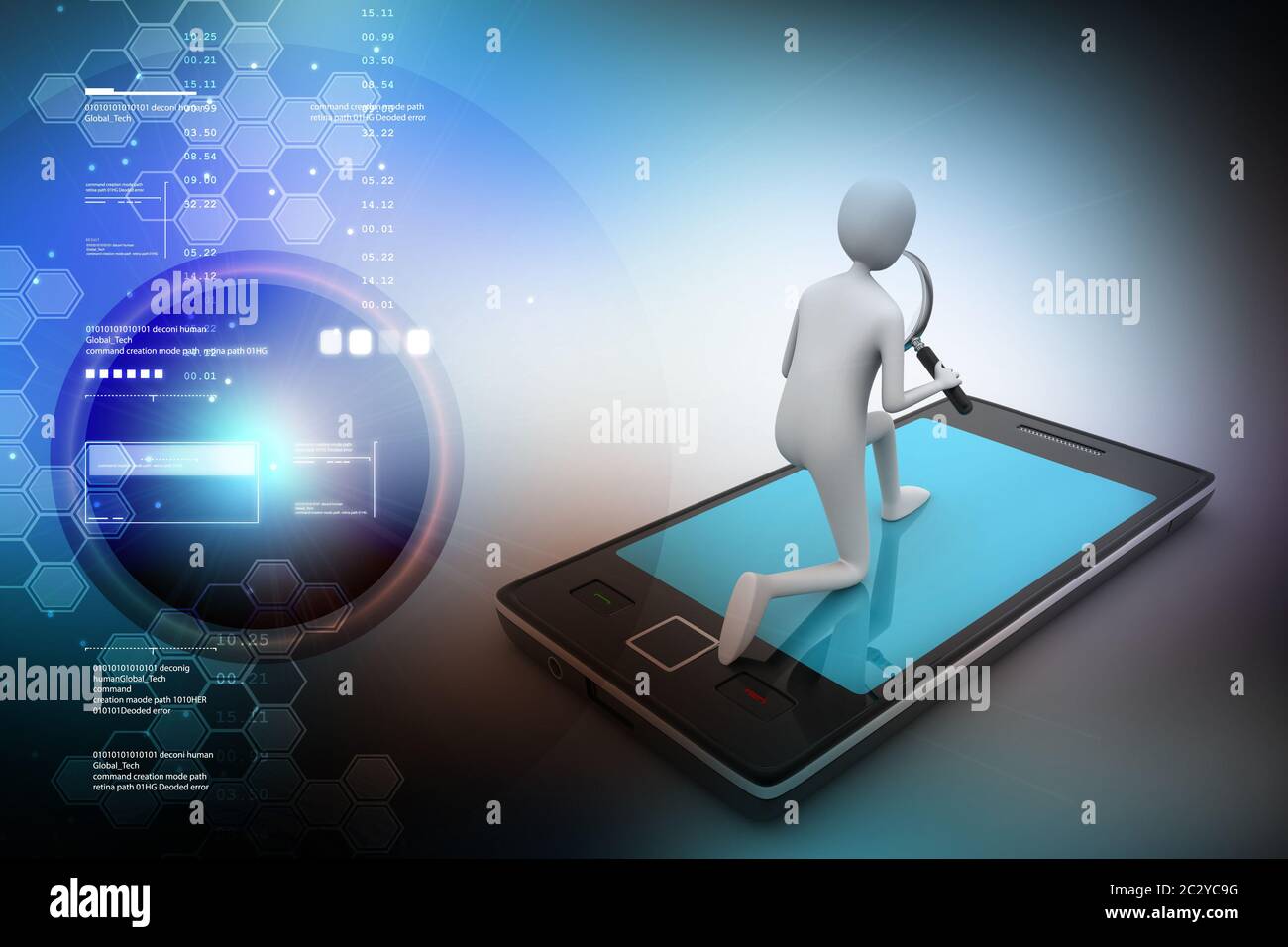 3d man analysing the tablet through magnifier Stock Photo - Alamy