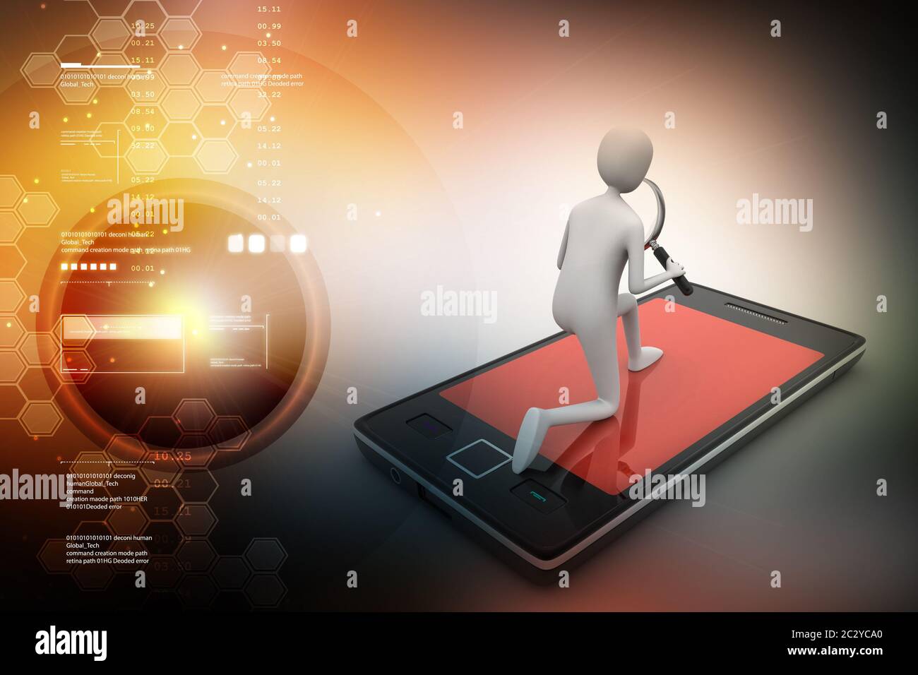 3d man analysing the tablet through magnifier Stock Photo - Alamy