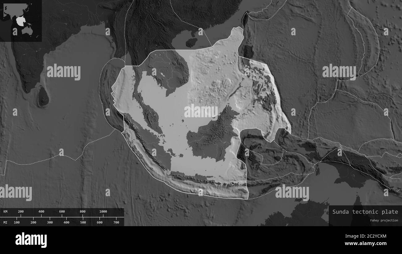 Sunda plate shape outlined on a darkened and desaturated background of ...